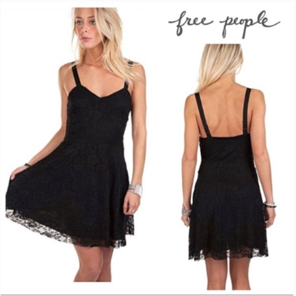 Free People | Dresses | Free People Black Lace With Flocked Navy Velvet ...